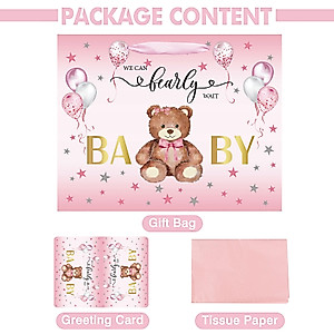 13" Large Baby Shower Birthday Gift Bag for Girl with Tissue Papers and Card Pink Balloons Bear Design with Handles