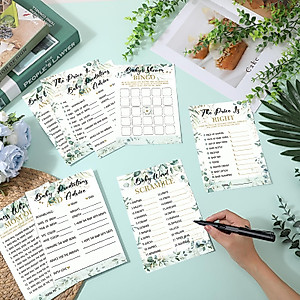Kosiz 302 Pcs Greenery Eucalyptus Baby Shower Games 6 Games Activities Include Baby Shower Bingo, Word Scramble, Word Search, Baby Predictions and Advice, The Price is Right, Guess Who