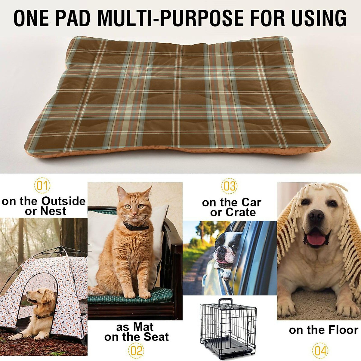 YETTASBIN Brown Plaid Crate Pet Bed, Portable Washable Dog Cat Mat, Soft Comfortable Pet Mattress with Non-Slip Bottom for Dogs Cats Sleeping, 24 x 18 Inch