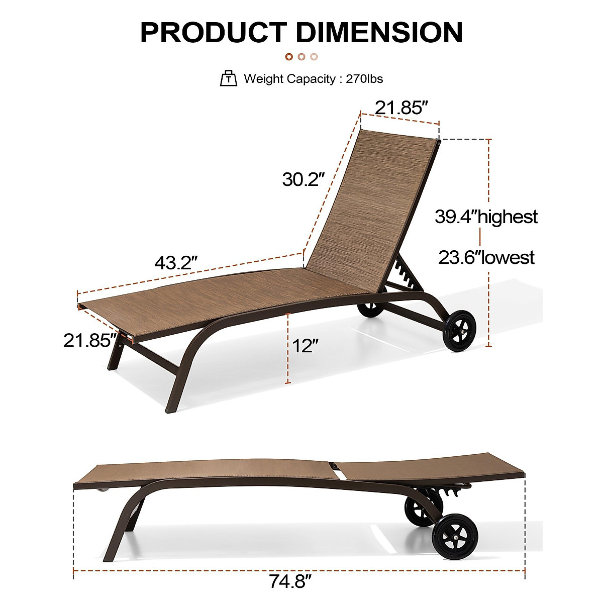 Crestlive Products Outdoor Chaise Lounge Chairs with Wheels Set of 3, Pool Lounge Chairs with 5 Adjustable Position for Patio, Poolside, Yard, Brown