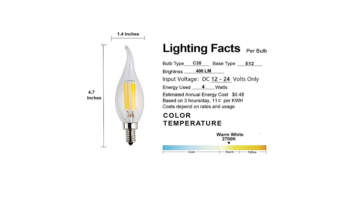 OPALRAY 12V LED Candelabra Bulb - Dimmable E12 Warm White