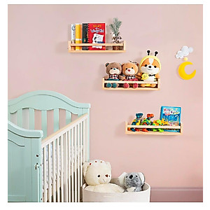 Nexzon Set of 3 Nursery Book Shelves with Booklet and Pen | 16.6" Kids Wall Bookshelves | Baby Nursery Shelves for Bedroom, Bathroom, Kitchen and Toy Storage (Pine Wood)
