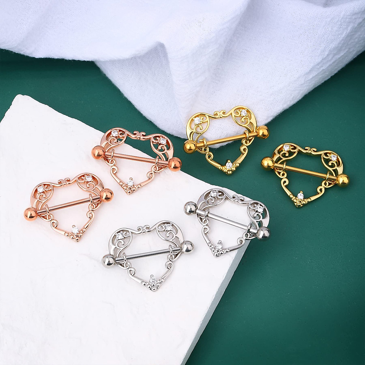 COCHARM 2pcs Heart Nipple Rings Gold for Women 14G Surgical Steel Nipple Piercing Nipple Shield CZ Nipple Barbell