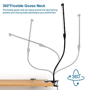 Qooltek Flexible Clip Desk Lamp Reading Light with 3 Color & 10 Brightness, Auto-Off & Memory Function, Clip on Light for Piano, Reading, Working, Relaxing Black