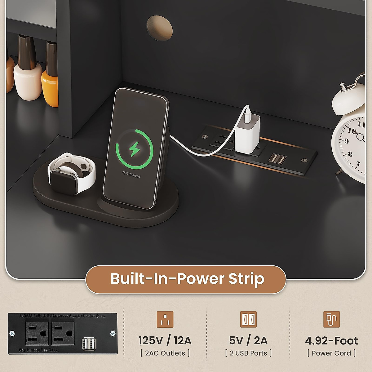 AOGLLATI Makeup Vanity Set with Lights, Vanity Desk with Mirror and Lights, Black Vanity Table with Cushioned Stool, Makeup Desk with Charging Station, Visible Drawers, Open Storage Shelves