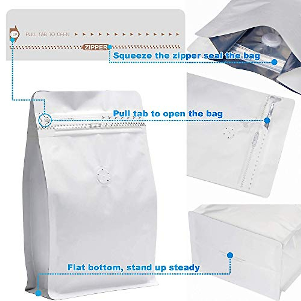 50 Pieces 12 Ounce White Kraft Paper Coffee Bags, Stand Up Coffee Pouches with One Way Degassing Valve and Reusable Side Zipper (Pull Tab to Open) Flat Bottom - Stand Up Well (12oz, 340gram)