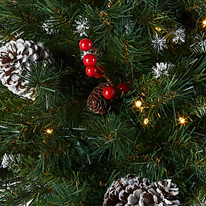 National Tree Company National Tree 18 Inch Frosted Urn Filler with Cones, Red Berries, Tripod Stake and 35 Warm White Battery Operated LED Lights with Timer (FRB-300-18U-B), 18"