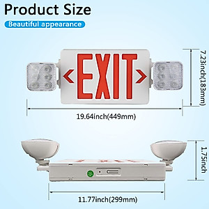 LED Exit Signs with Emergency Lights, Red LED Two Adjustable Head Emergency Exit Light with Backup Battery, AC 120V/277V, ABS Fire Resistant, UL Listed (1Pack)