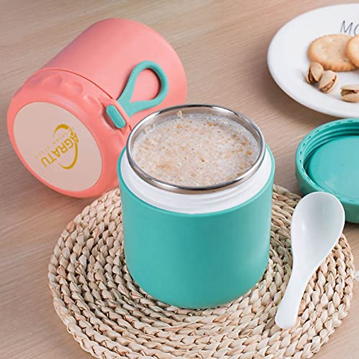 AGRATU Thermos for Hot Food Kids Lunch Box with Spoon Food Containers Kids Leak Proof Insulated Lunch Box Container for Kids Insulated Lunch Container for Hot Food (430ml Green)