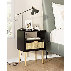 Aienvey Rattan Nightstand with Charging Station, Drawer Dresser for Bedroom, Small Bedside Table with Drawer, Night Stand, End Table with Gold Frame for Living Room, Black