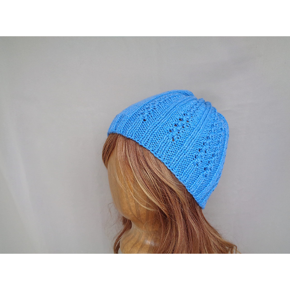 Womens Beanie Hat with Lace Design, Sky Blue, 100% Wool, Hand Knit Snug Cap, Teen Girls Skater Skullie