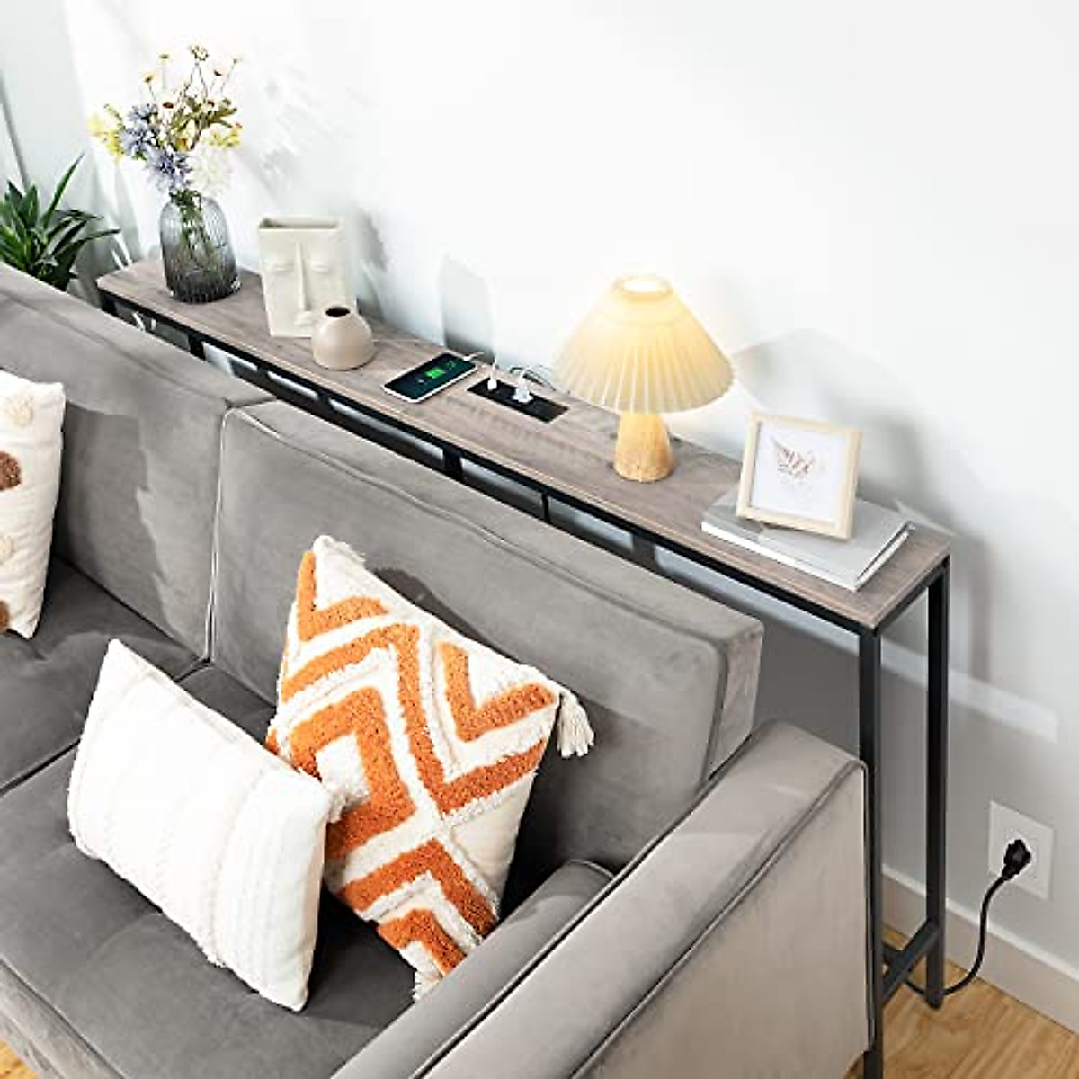 ALLOSWELL Console Table with Power Outlet, 63" Narrow Sofa Table and Bar Stools Set, Rectangular Industrial Bar Chairs, CTHG16E01-BAHG0101