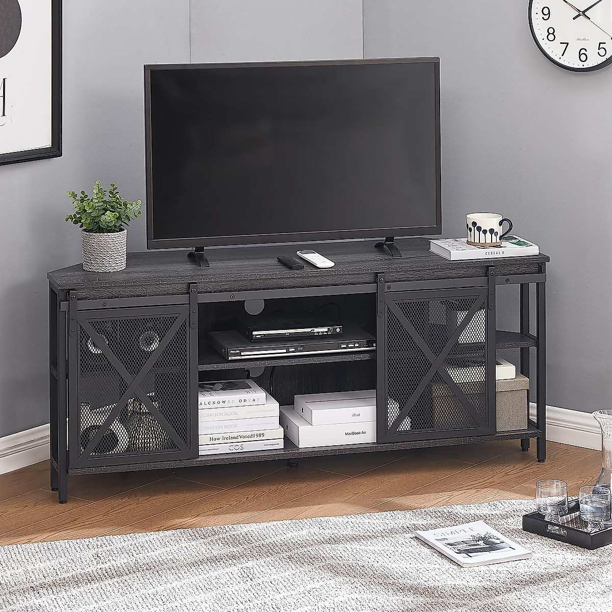 HOMISSUE Corner TV Stand for 55 Inch TV, Rustic Corner Entertainment Center with Storage, Industrial Media Console Table with Sliding Barn Door, Entertainment Center for Living Room, Grey