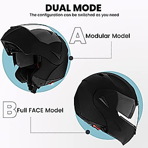 ILM Motorcycle Helmets Modular Dual Visor Flip-up Full Face Street Racing Helmet DOT 5 Colors Model 808 (S, Matte Black)