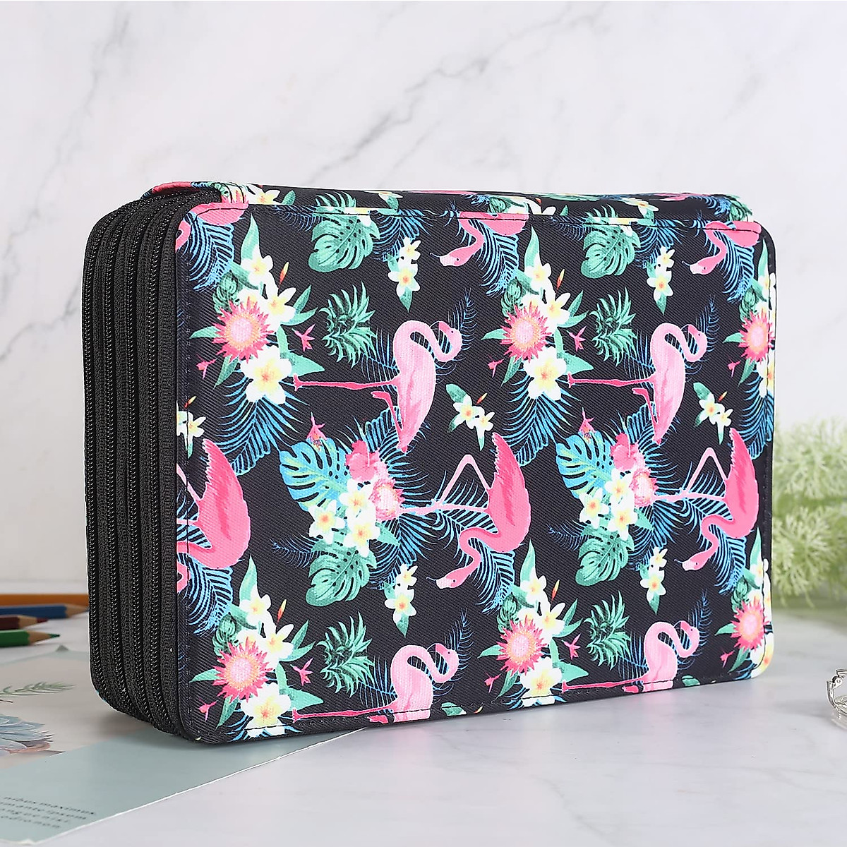 Shulaner 200 Slots Colored Pencil Case with Zipper Closure Large Capacity Oxford Pen Organizer Green Rose Pencil Holder for Artist (Flamingo)