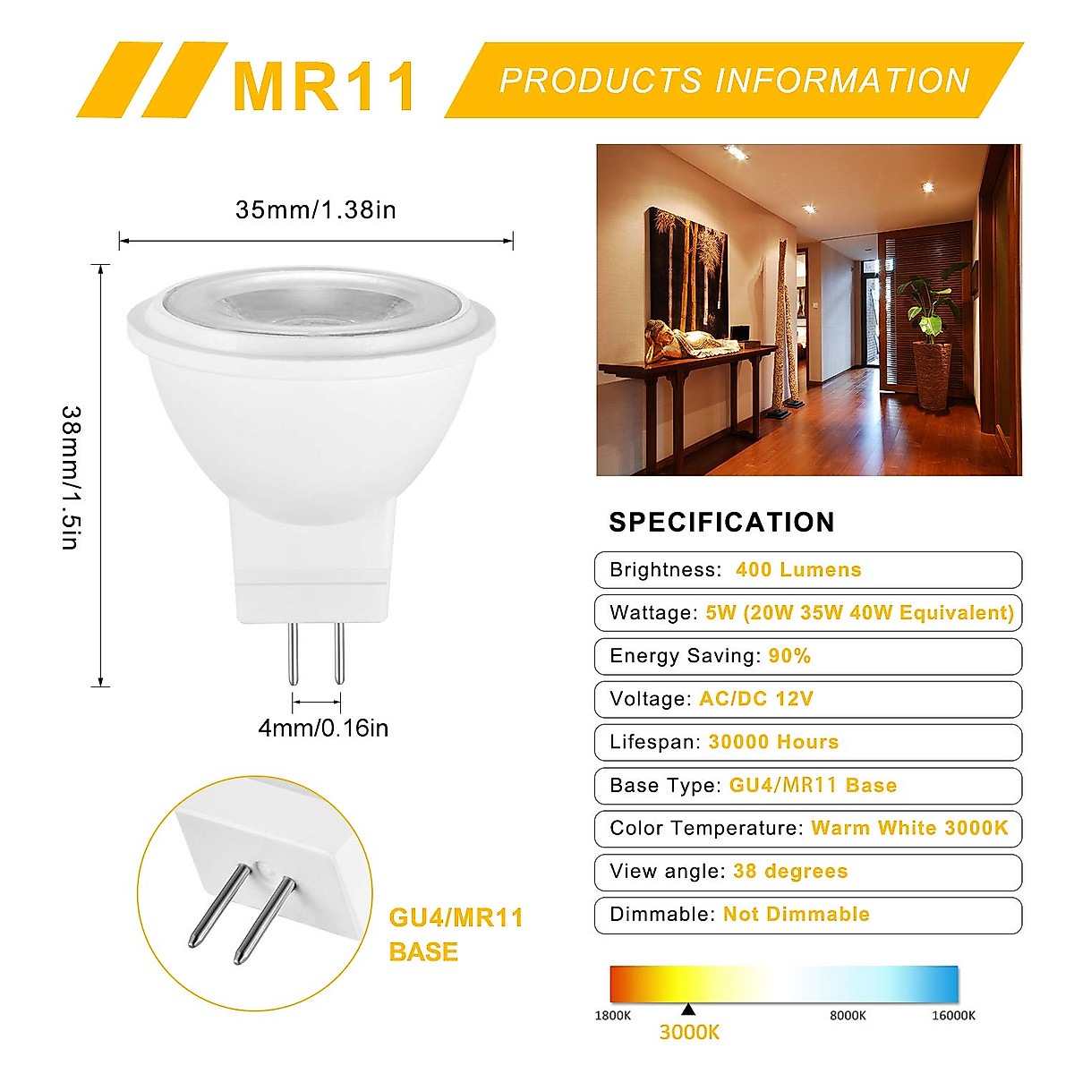 YUIIP 5W MR11 GU4 LED Light Bulbs 12V 20W 35W 40W Halogen Bulb Replacement Soft Warm White 3000K Recessed Spotlight Lamp for Landscape Track Lighting, Not Dimmable, 38°, 400LM, Pack of 6
