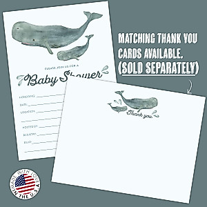 Koko Paper Co Whale Baby Shower Invitations | 25 Fill-in Invitations and Envelopes | Printed on Heavy Card Stock.