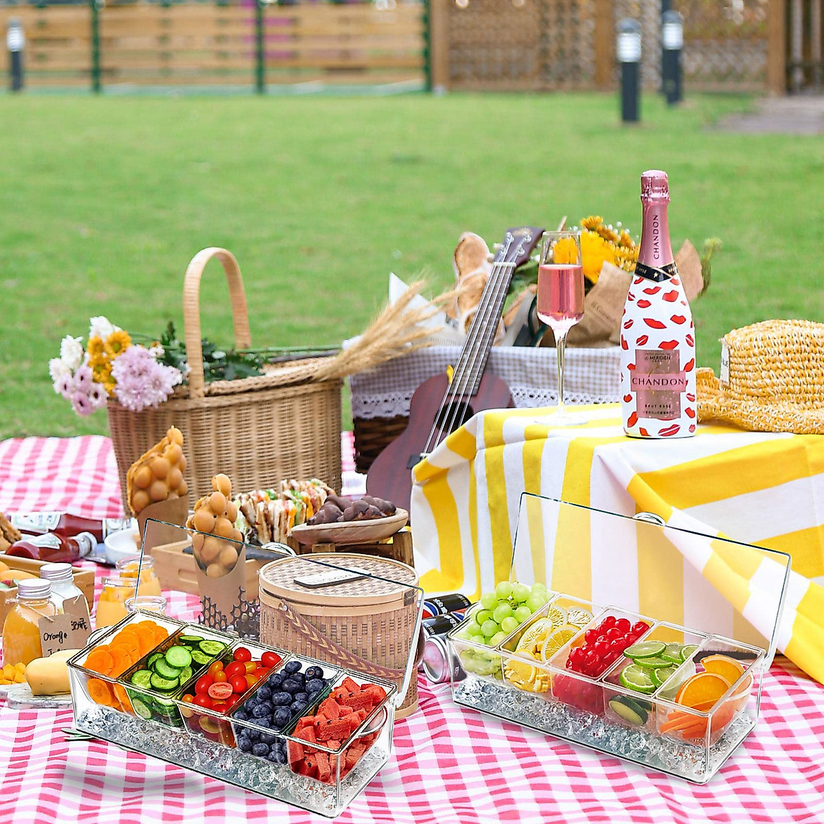 INNOVATIVE LIFE Bar Serving Tray on Ice with 5 Compartments Container, Fruit Trays for Serving , Garnish Platters with Lid , Clear