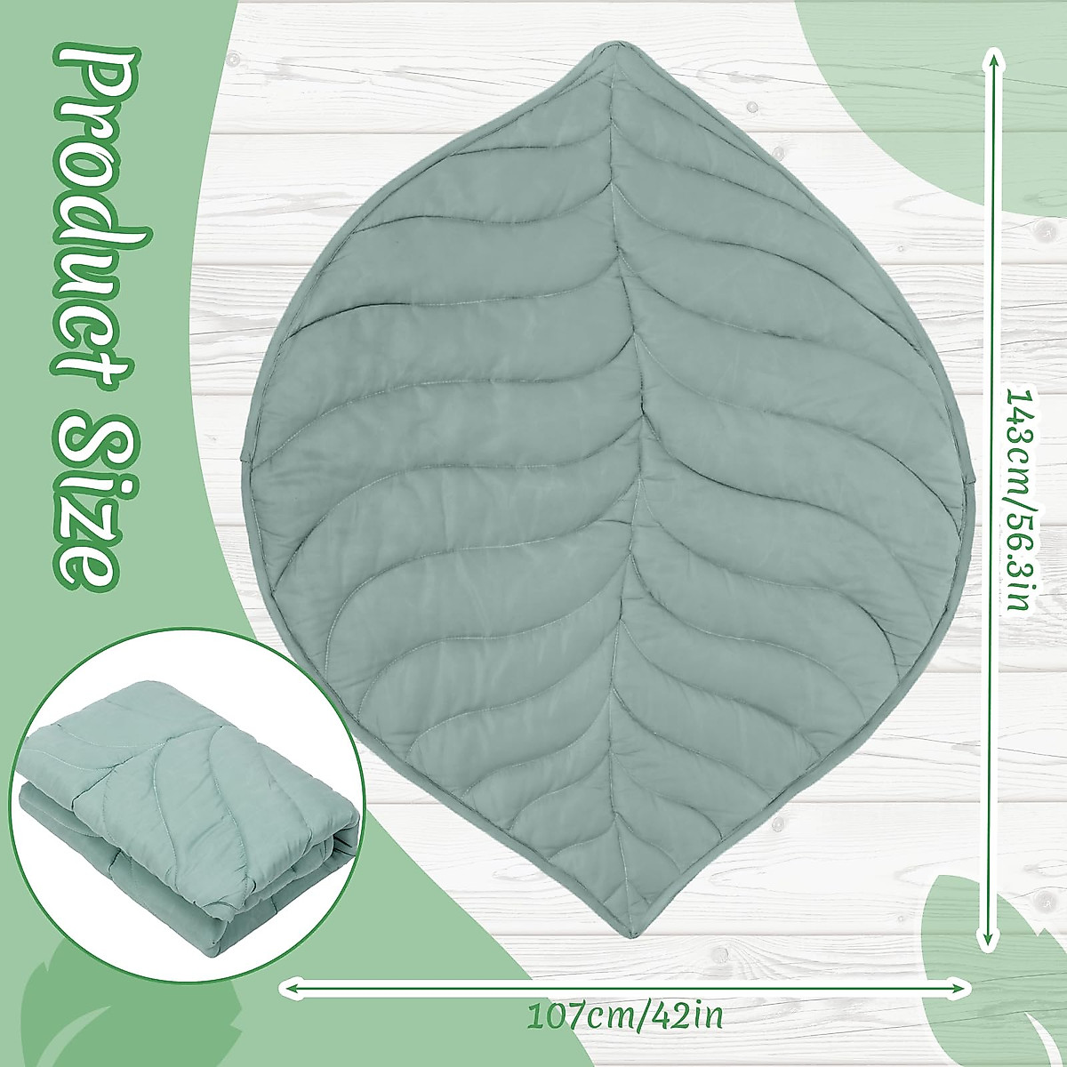 Funtery Baby Play Mat 56 x 42 Inch Cotton Crawling Cushion Cotton Nursery Rug Large Thick Soft Reversible Washable Folding Floor Playpen Mat Nursery Decor Rug for Girls Boys(Green,Leaf)