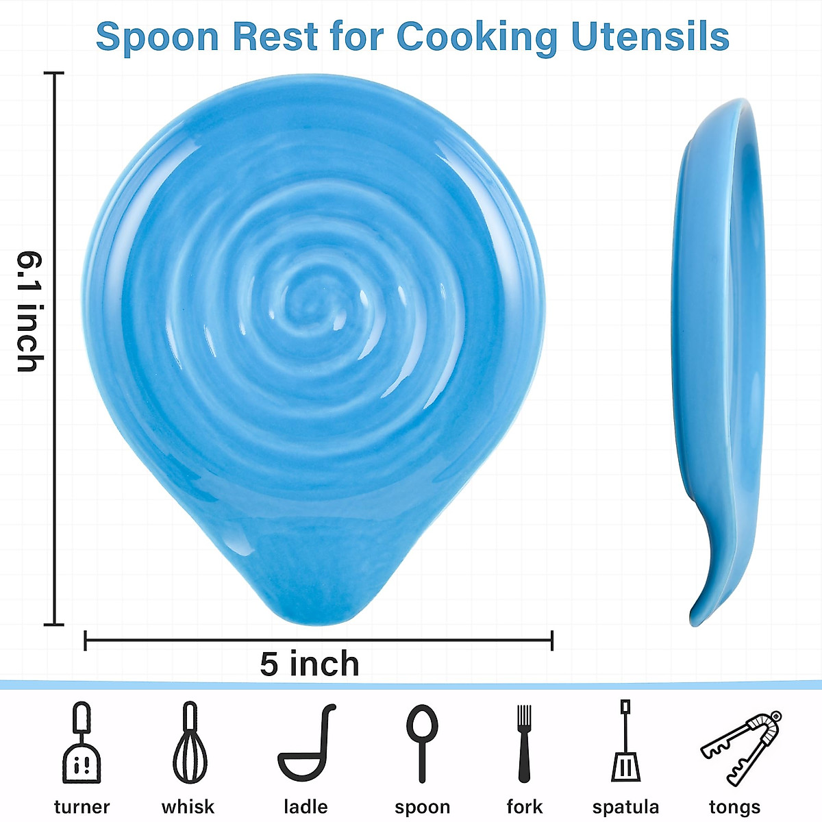 iNeibo Spoon Rest, 5 Inches Large Ceramic Spoon Holder for Stove Top, Heat-Resistant Cooking Spoon Rest for Spatula, Spoons or Tongs, Framhouse Decor, Housewarming Gifts (Blue)