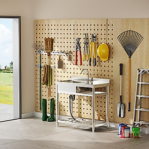 ROOMTEC 304 Stainless Steel Single Bowl Utility Sink Set, Commercial Restaurant Kitchen Sink, Outdoor Sink with Workbench & Storage Shelve with Hot and Cold Water Pipes (39 in (Left bowl))