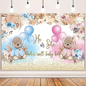 AIBIIN Boho Bear Gender Reveal Backdrop Boho Baby Shower Gender Reveal Party Decorations Banner He or She What Will Baby Be Photo Background Pink and Blue Pampas Grass Gender Reveal Banner Vinyl 7x5ft