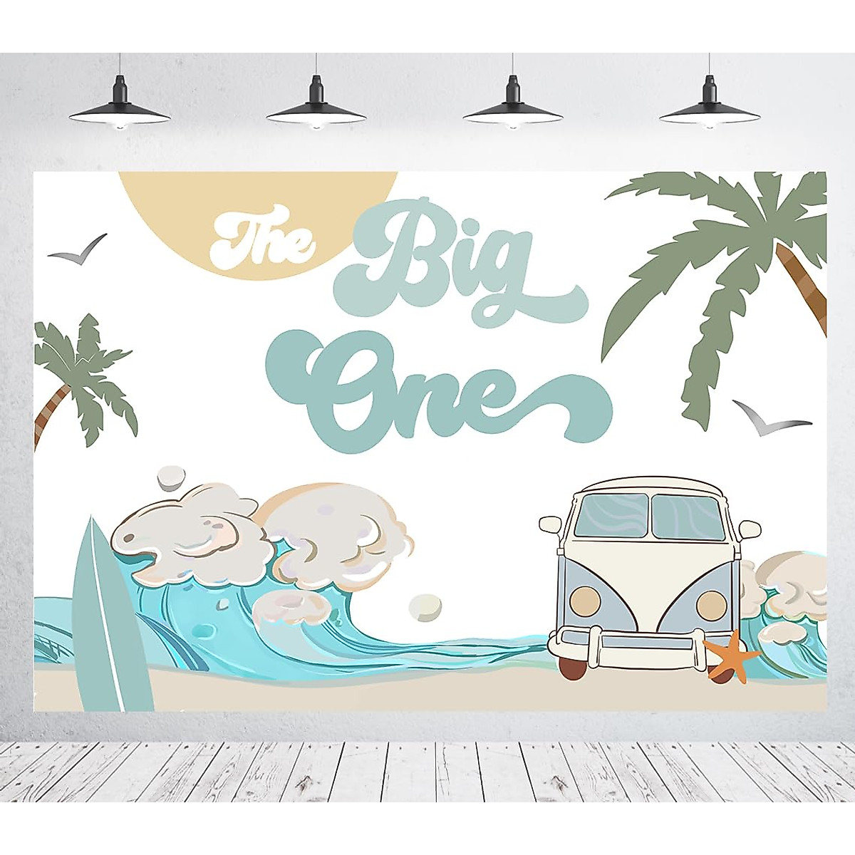 The Big One Surfing 1st Birthday Backdrop for Boys Retro Surf Van Surfboard Beach Party photography Background Boy One Birthday Party Decorations Cake Table Banner 5x3ft
