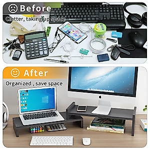 hodiczk Dual Monitor Stand Riser with Adjustable Length and Angle, Double Monitor Riser, Wood Desktop Storage Rack Organizer for Home Office living room, Black