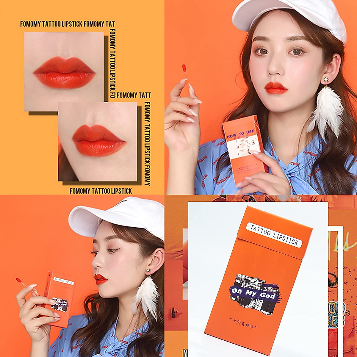 PASNOWFU 20 Pcs/Set of Tattoo Lipstick, Cotton Swab Lipstick, Tattoo Lip Stain Tattoo Lipstick Cotton Swab, Durable Waterproof Liquid Non-Stick Lipstick, Easy to Carry(Color : Orange red)
