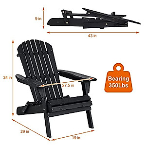 Folding Adirondack Chair Set of 2 Patio Chairs Weather Resistant Folding Outdoor Chair Solid Wooden Heavy Duty Reclining Fire Pit Chair for Deck, Lawn, Backyard, Garden-Black