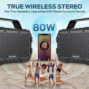 BUGANI Bluetooth Speaker, Portable Bluetooth Speakers with 40W Stereo Sound, Loud Bluetooth Speaker 24H Playtime Support TF Card/AUX, IPX6 Waterproof for Beach Camping Outdoor Indoor