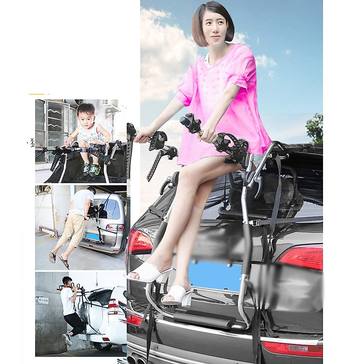 LJIANW Bike Rack Car Trunk Or Hitch Carrier Thicken Material Strong Bearing Capacity Rear-Mounted Bike Rack, Mount 1-3 Bicycles, 4 Styles (Color : Black-C, Size : 62x21x93cm)