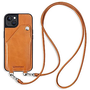 LUCKYCOIN for iPhone 13 Crossbody Leather Case Genuine Leather Card Slot Holders Wallet Protective Case Adjustable Leather Strap Lanyard Compatible with 2021 New Apple iPhone 13 6.1 inch Brown