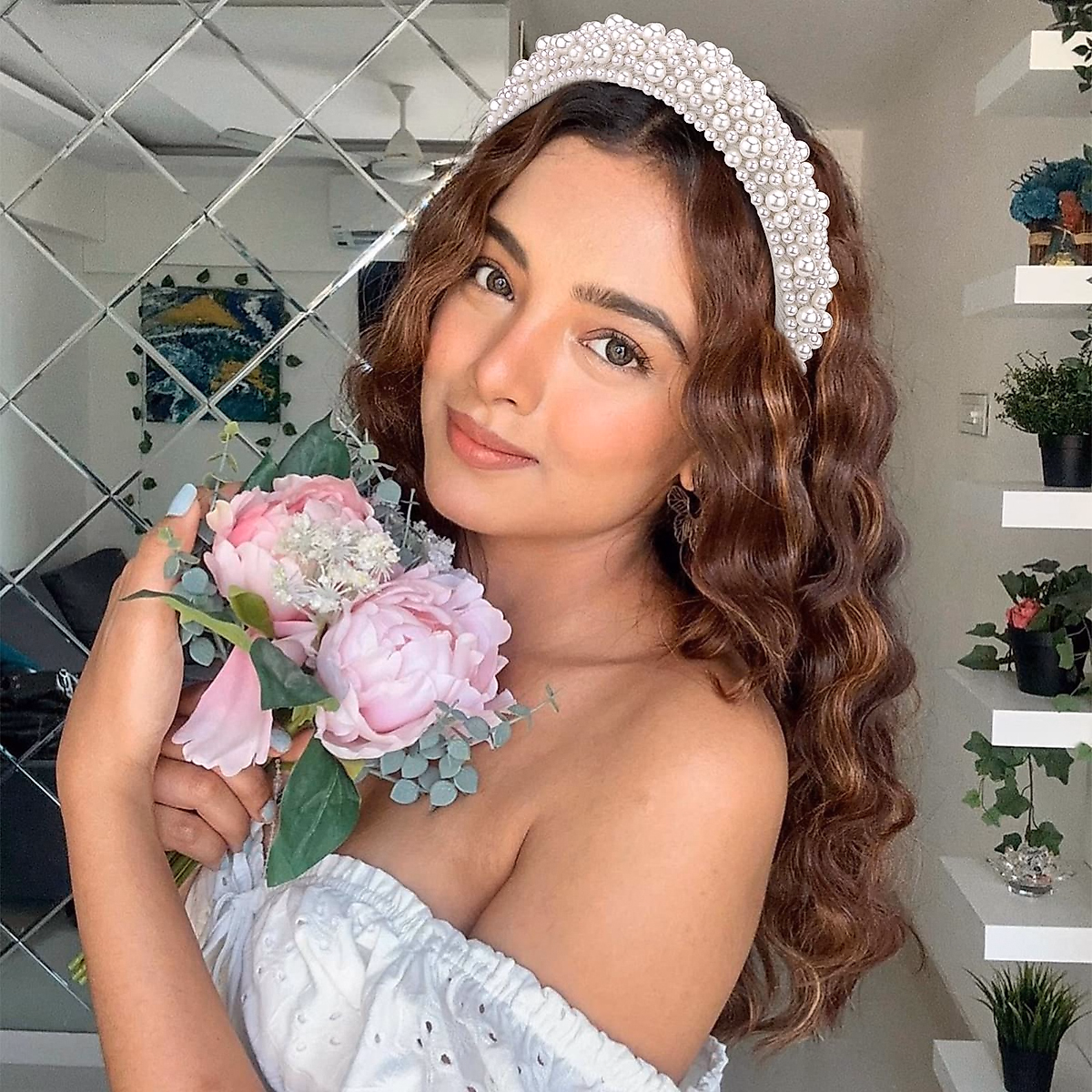 Hapdoo White Pearl Headbands for Women Girls, Cute Puffy Padded Headband with Faux Pearl for Wedding Bride Fashion, Wide Thick Beaded Bling Hairbands Hair Hoop Accessories for Birthday