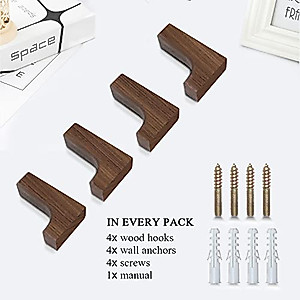 EDEGG Wood Wall Hooks, 4 Packs of Coat Rack Wall Mount, Rustic Wooden Hooks, Unique L-Shape Walnut Hooks for Hanging Coats, Towel, Hat, Scarfs, Jackets, Backpack