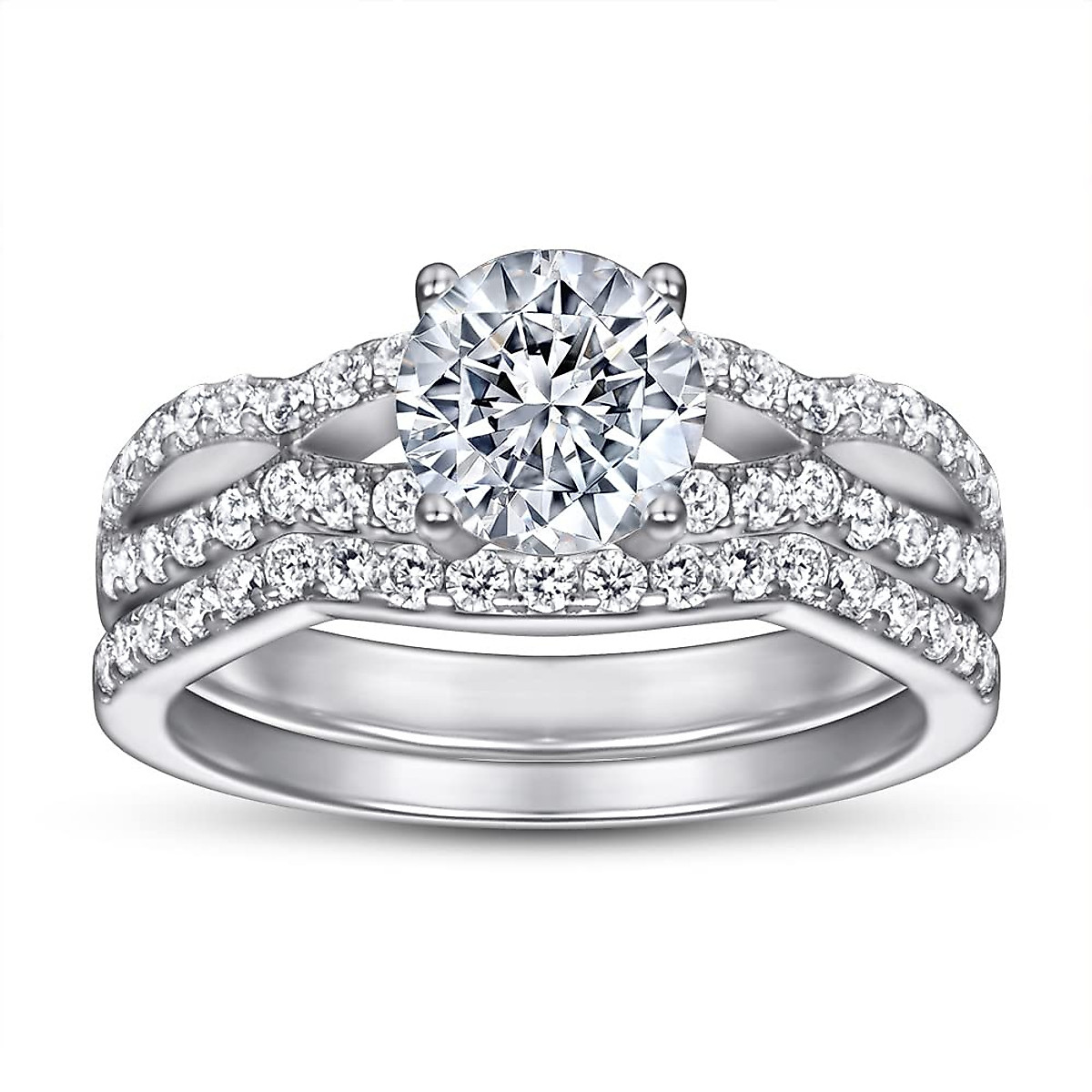 Wedding Ring Set for Women Bridal Sets Wedding Rings Platinum Plated Silver, 1 Carat Center Moissanite Bridal Sets Engagement Ring Set Anniversary Promise Rings Text Engraving(Size 7)