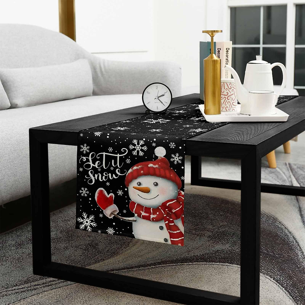 Black Snowman Christmas Table Runner 60 Inches Long, Xmas Winter Snowflake Farmhouse Dress Scarves, Classic Black Dining Tablerunner for Coffee Table/Kitchen Island/Party Christmas Décor, 13" x 60"