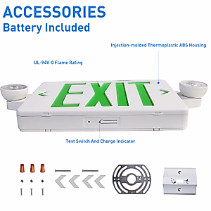 OSTEK Exit Sign with Emergency Lights, Double Face Green Exit Sign Emergency Light Combo, 90min Long Backup Battery, ABS Fire Safety (UL Certified 120-277V)(UL 94V-0) [2Pack]