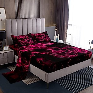 Feelyou Sugar Skull Sheet Set King Size Gothic Skull Sheets with Deep Pocket Fitted Sheet Teens Adults Halloween Themed Bed Sheets Set Smokey Hot Pink Black Bed Set Room Decor 4Pcs with 2 Pillow Case