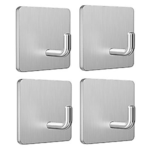 “N/A” Adhesive Hooks Heavy Duty Stick on Wall Towel Hooks, Stainless Steel Wall Hook Door Hooks and Coat Hooks Self Adhesive Holders for Hanging Kitchen Bathroom Home Adhesive Hooks - 4 Pack