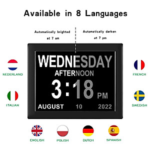 Digital Calendar Clock Date and Time Day of The Week Clock 8 Alarm Options + Auto Dimming for Seniors Dementia Elderly Patients