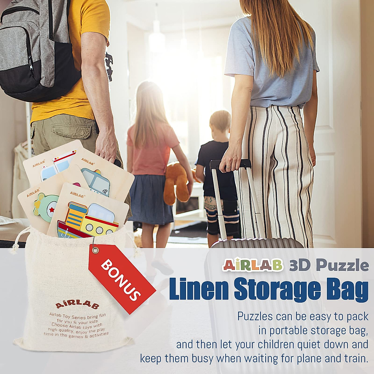 Wooden Toddlers Puzzles Transportation Shape Puzzle Toys for Travel Airplane Portable Montessori Toys for Boys Girls 3-4 Year Old Baby Gifts Pack of 4 with Drawstring Bag