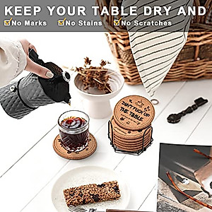 Cork Coasters for Drinks Absorbent with Holder, Drink Coasters, Cute/Funny Set of 8 Large Round Outdoor Cup Coasters for Wooden Table Protection, Coffee Trivet, Cups and Mugs - Cool Drink Coaster Gift
