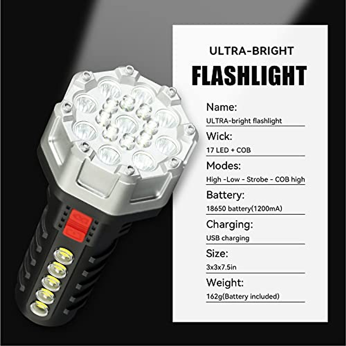 CWXCZY 2000 Lumens Ultra-Bright Floodlight Flashlight, High Lumens Rechargeable Flashlights for Outdoor Searching, Camping, Hiking（Black） (Black)