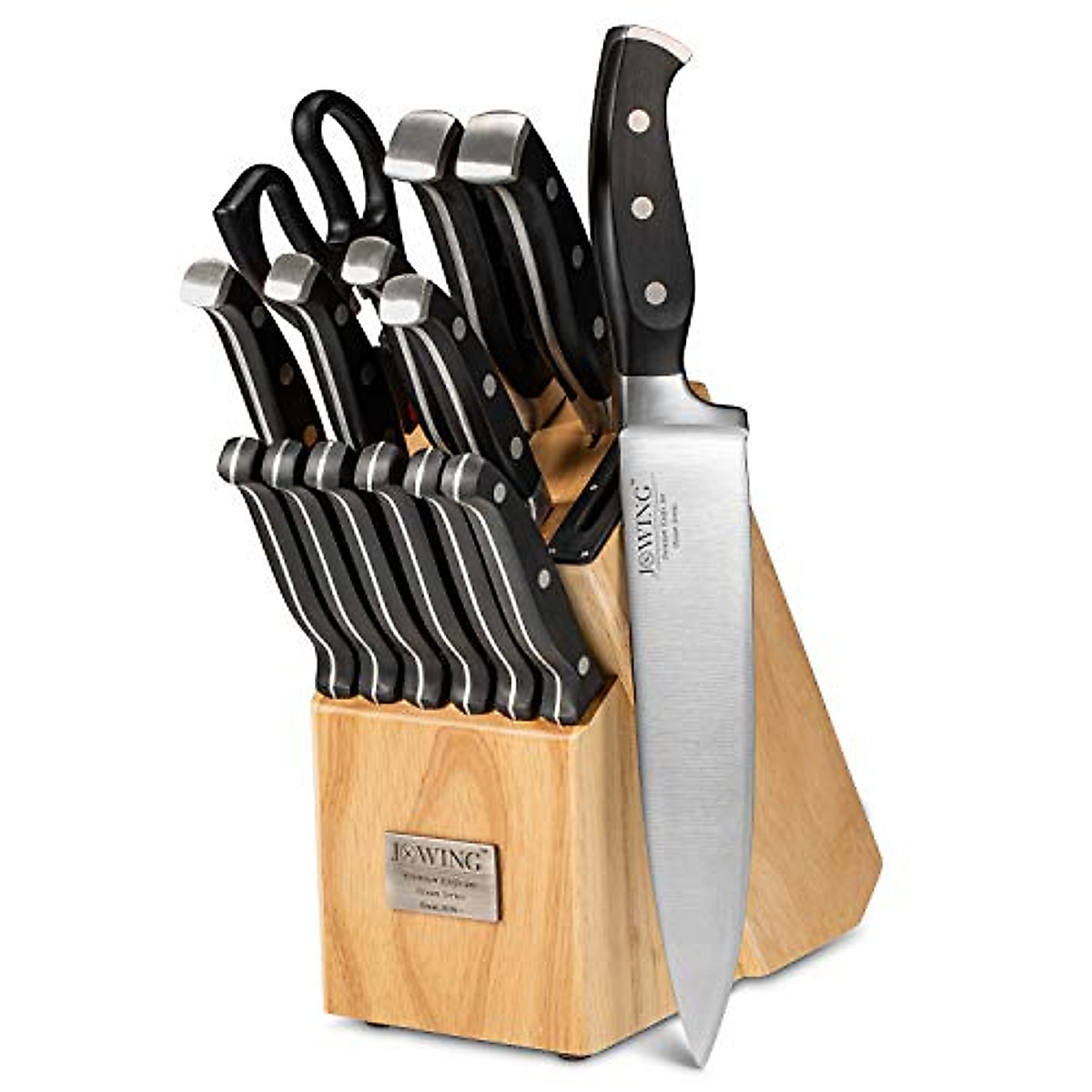 Professional 15-Piece German High Carbon Stainless Steel Kitchen Knife Set, Ocean Series Premium Forged Full Tang Chef Knives Set with Rubber Wood Block, Black