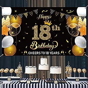 WATINC Happy 18th Birthday Backdrop Banner Cheers to 18 Years Background Banners 78” x 45” XtraLarge Backdrops Balloons Black Gold Party Decorations Supplies for Indoor Outdoor Photo Booth Props