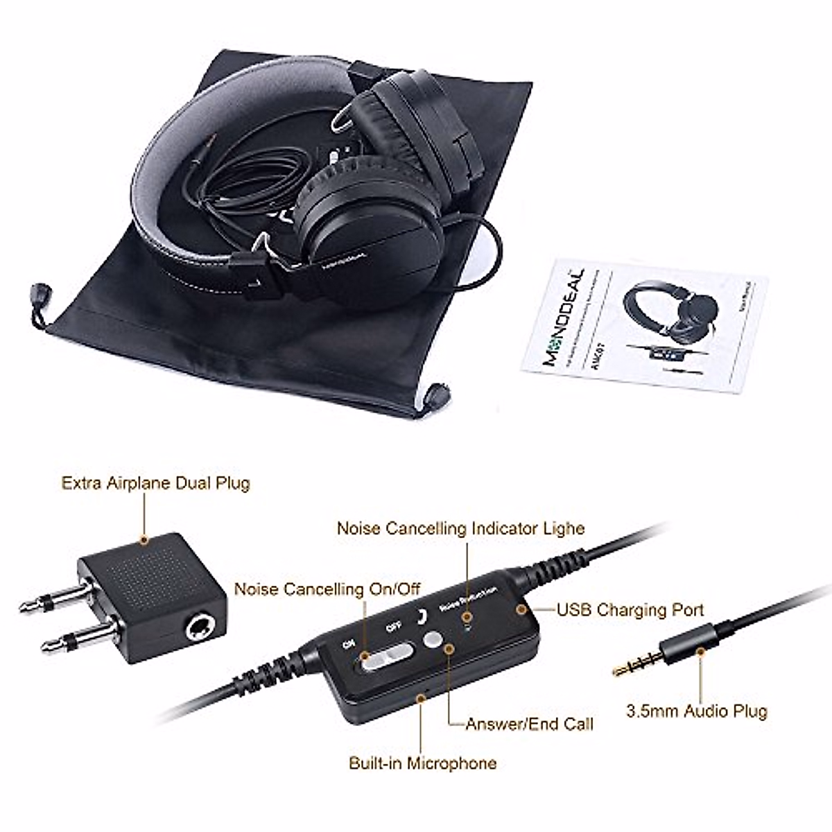 MONODEAL Active Noise Cancelling Headphones with Microphone/Controller, Lightweight Wired Earphones On Ear, Deep Bass Foldable Travel Headset with Carrying Case, 20 Hours Playtime - Black …