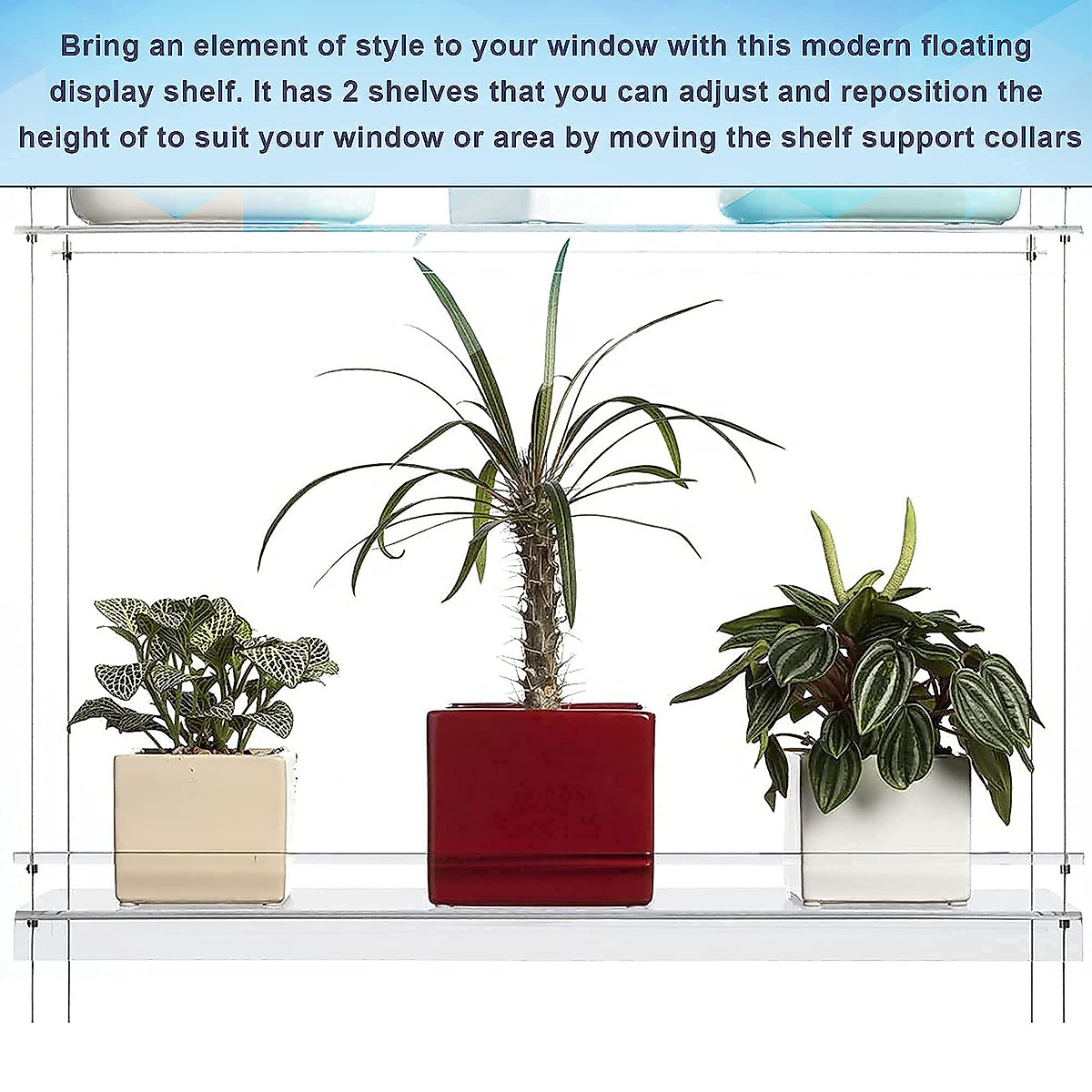 Generic Hanging Window Plant Shelf in Clear Acrylic with Bonus Wall Mounted Herb or Flower Pot – 2 Height Adjustable Shelves, Kitchen Window Garden, Indoor Plants, Display Shelf. L20” x H34” x D6”