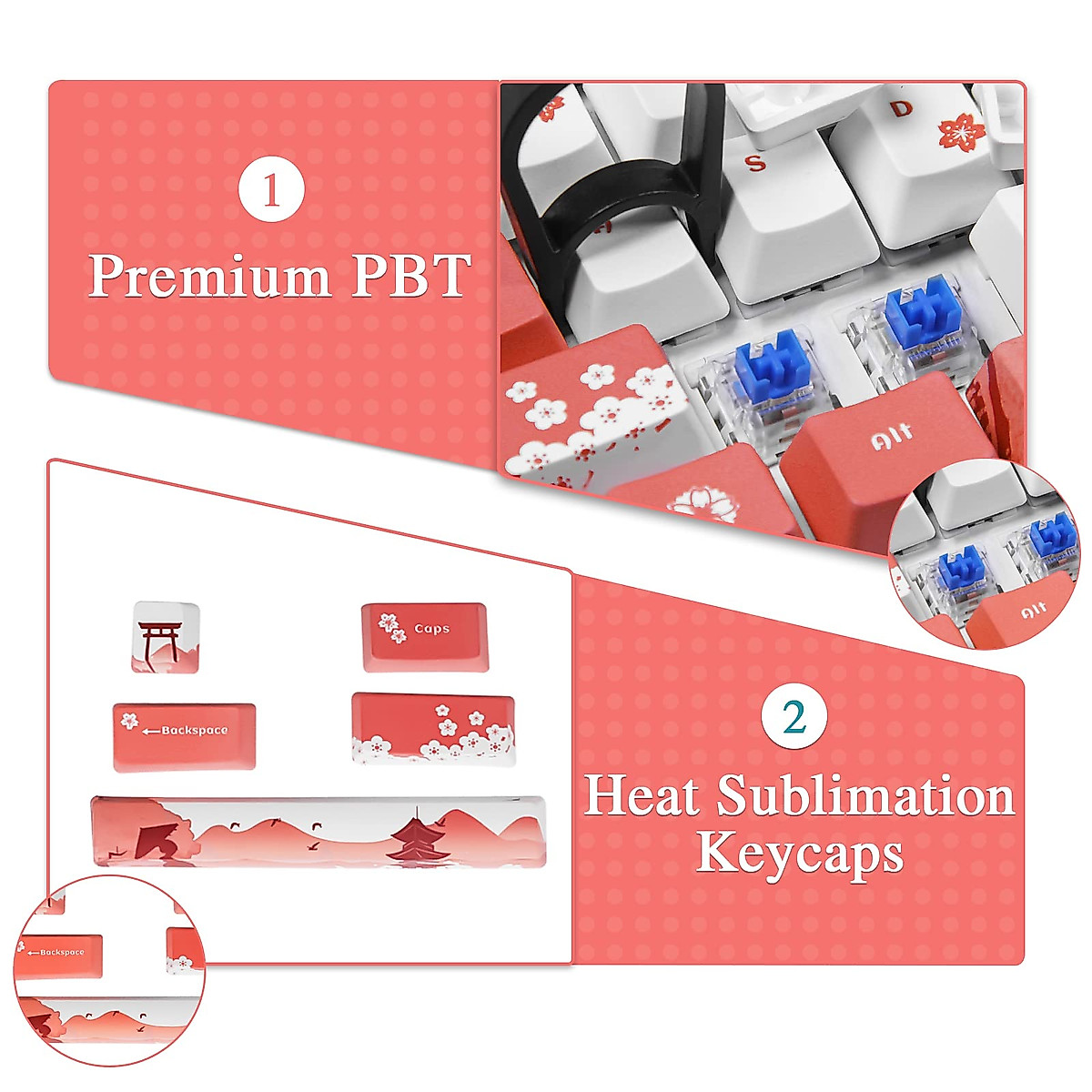 Uuoeebb PBT Keycaps, Heat Sublimation 104 PBT Keycap OEM Key Set for MX Switches Mechanical & Optical Gaming Keyboard (Sakura)