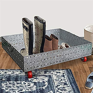 Benjara Galvanized Rectangular Under Bed Storage Drawer Organizer with Wheels and Holes, Silver